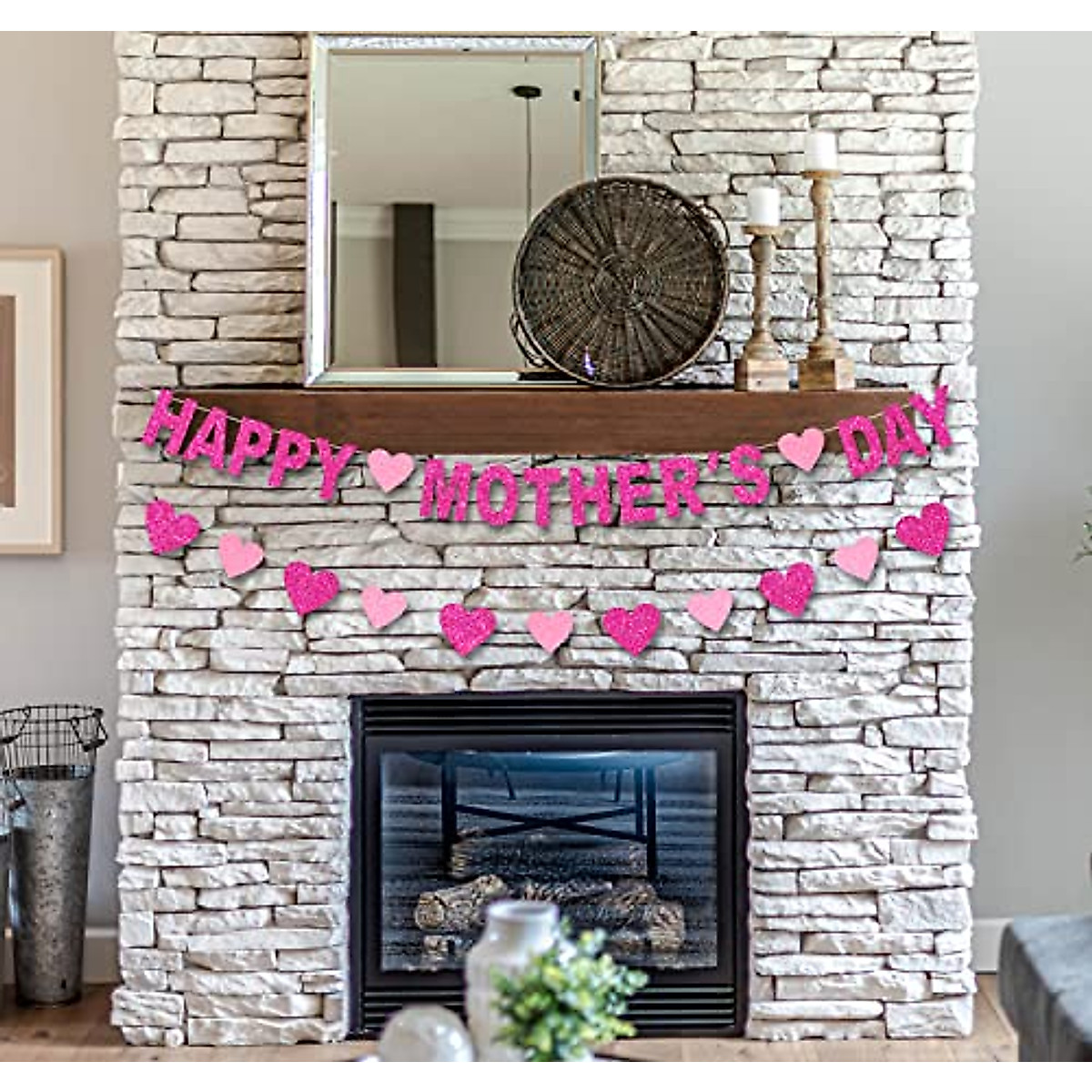 JOZON Happy Mother's Day Banner and Heart Banner Rose Red Pink Glitter Mothers Day Garland Banner with Heart Signs Thanks Mom Best Mom Ever Family Photo Props Backdrops Mother’s Day Party Decorations