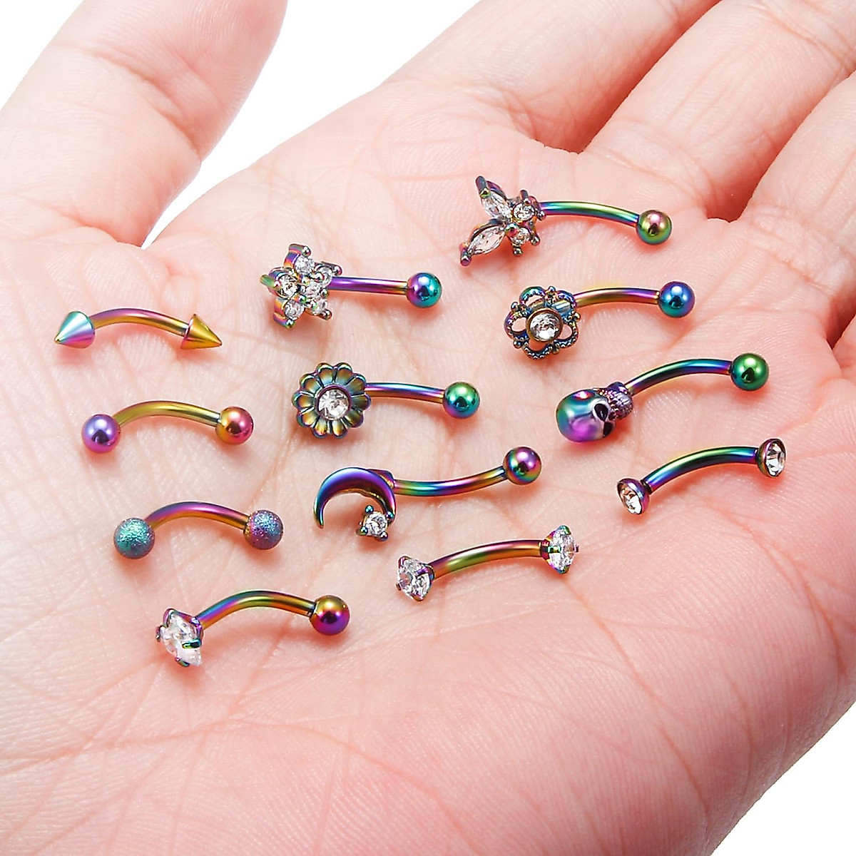 12Pcs 16G Rook Piercing Jewerlry Surgical Steel Eyebrow Piercing Jewelry Flower Crystal Heart CZ Moon Shape Eyebrow Rings Snake Eyes Rook Earrings for Women Men Tongue Retainer,Purple curved Barbell