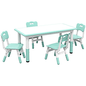 Qaba Kids Table and Chair Set, 5 Piece Toddler Table and Chair Set with 4 Chairs Adjustable Height, for Snack Time, Homeschooling Aged 1.5-5 Years Old, Green