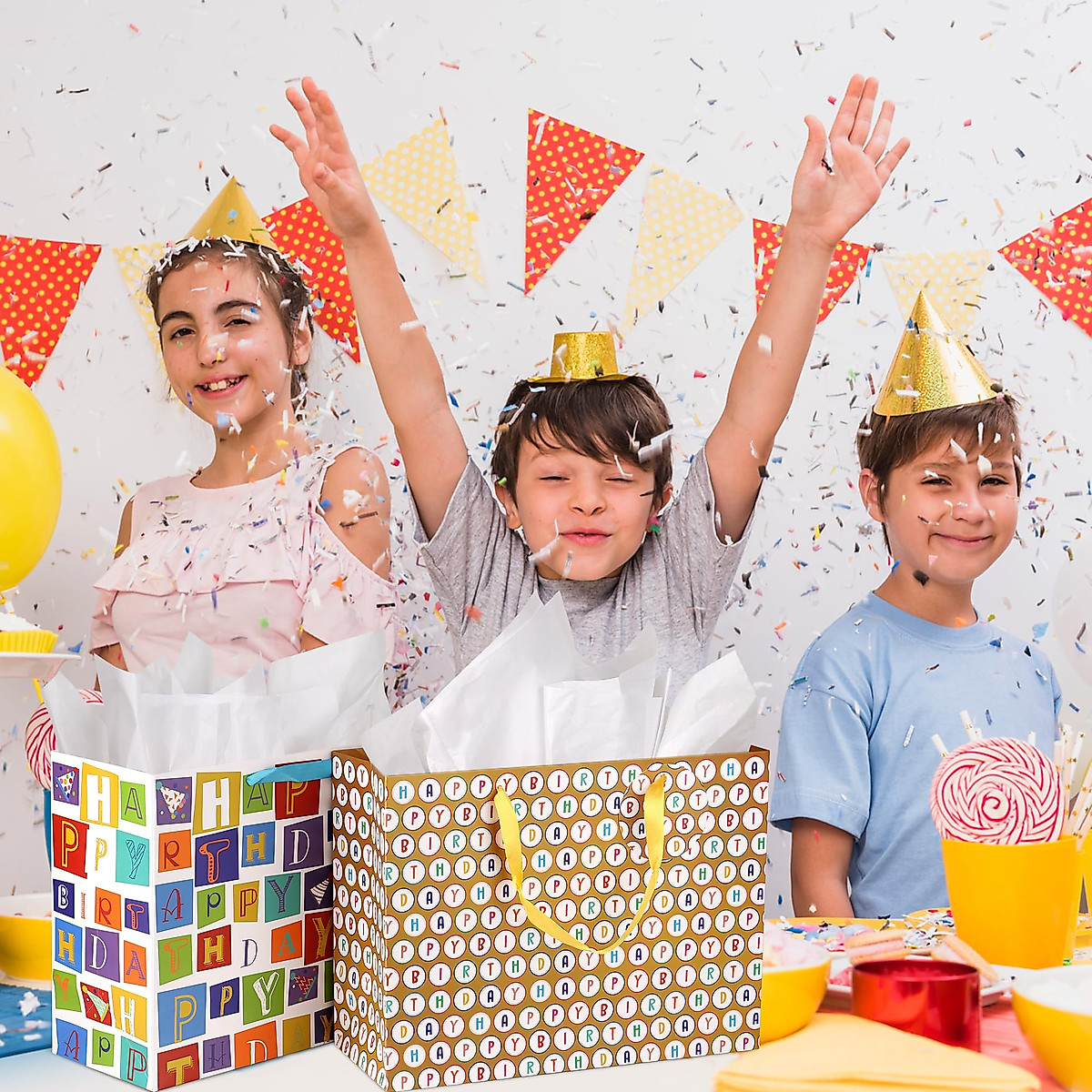 Giiffu 16.5" Extra Large Gift Bags for Birthday Party with Card and Tissue Paper (Pack of 2, Happy Birthday)