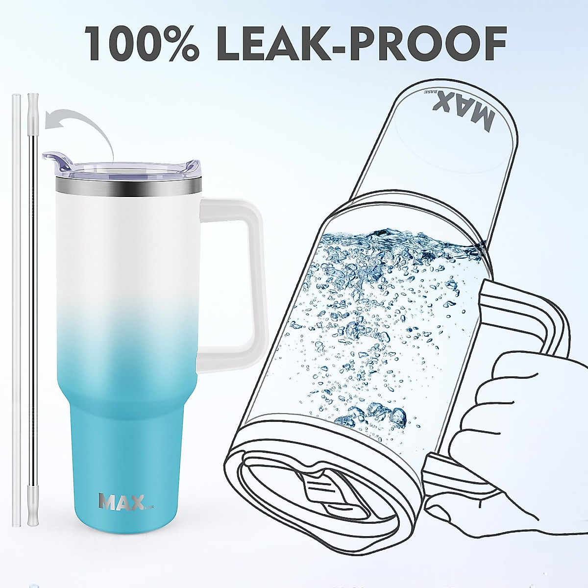 MaxBase 40 oz Tumbler with Handle and Straw Lid, Insulated Reusable Stainless Steel Travel Mug Keeps Drinks Cold up to 34 Hours, 100% Leakproof Bottle for Water, Iced Tea or Coffee, Smoothie - 2 Pack