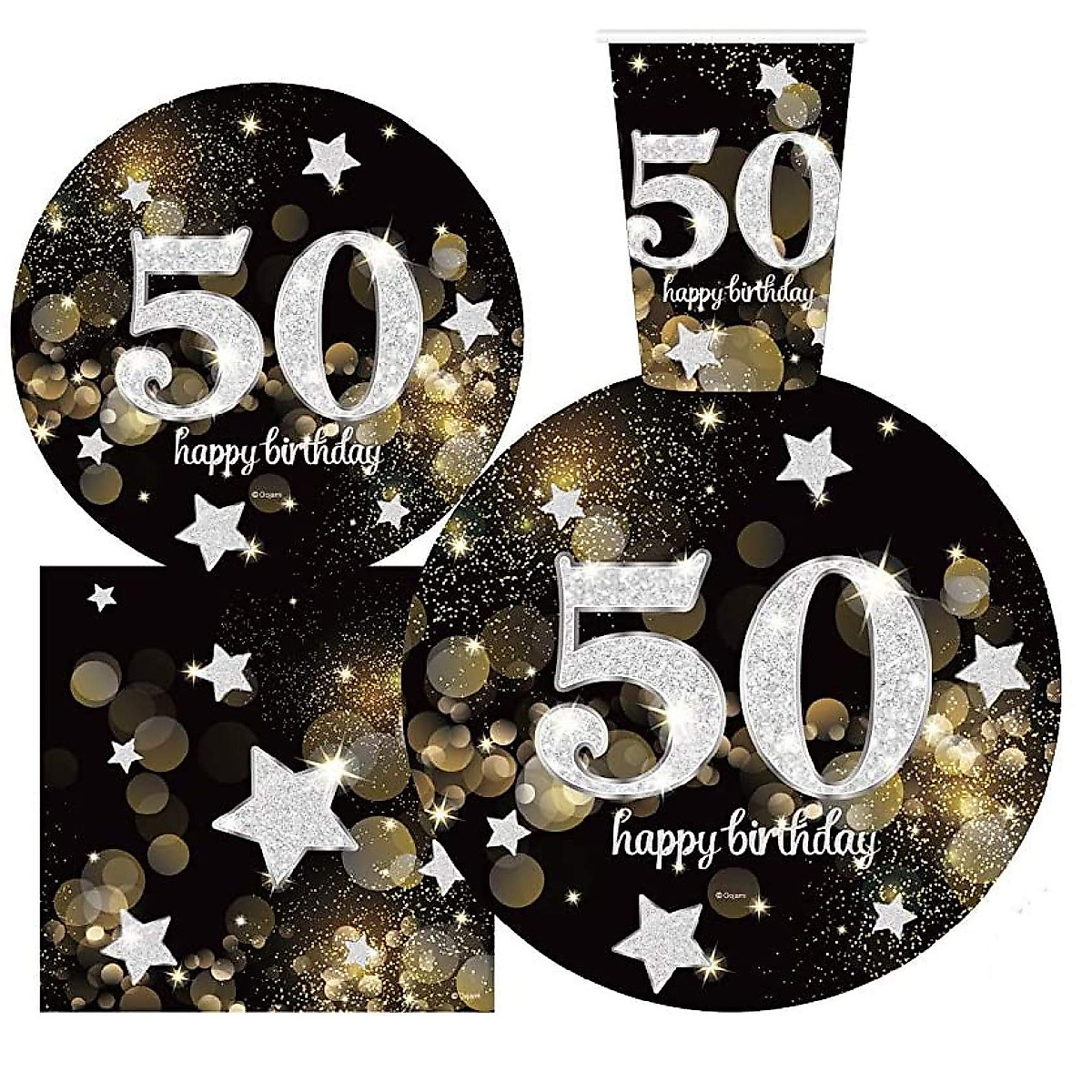 Serves 30 Complete Party Pack Happy 50th Birthday 9" Dinner Paper Plates 7" Dessert Paper Plates 12 oz Cups 3 Ply Napkins 50th Birthday Party Theme