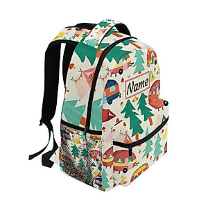 Camper Caravans and Tents in Forest Custom School Backpack for Boys Girls, Personalized Name Elementary School Bookbag Travel Bag Daypack
