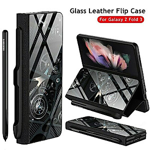 EAXER for Samsung Galaxy Z Fold 3 5G Case, Glass Material W/S Pen Slot Luxury Shockproof Anti-Slip Glossy Glass Flip Phone Case Cover (Checkerboard Brown)