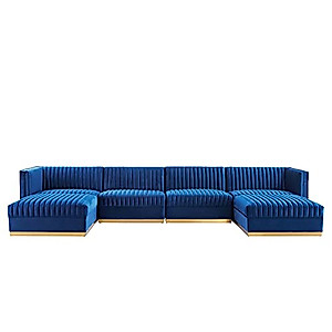 Modway Sanguine Channel Tufted Performance Velvet Modular Sectional Sofa, 6-Piece Set, Navy