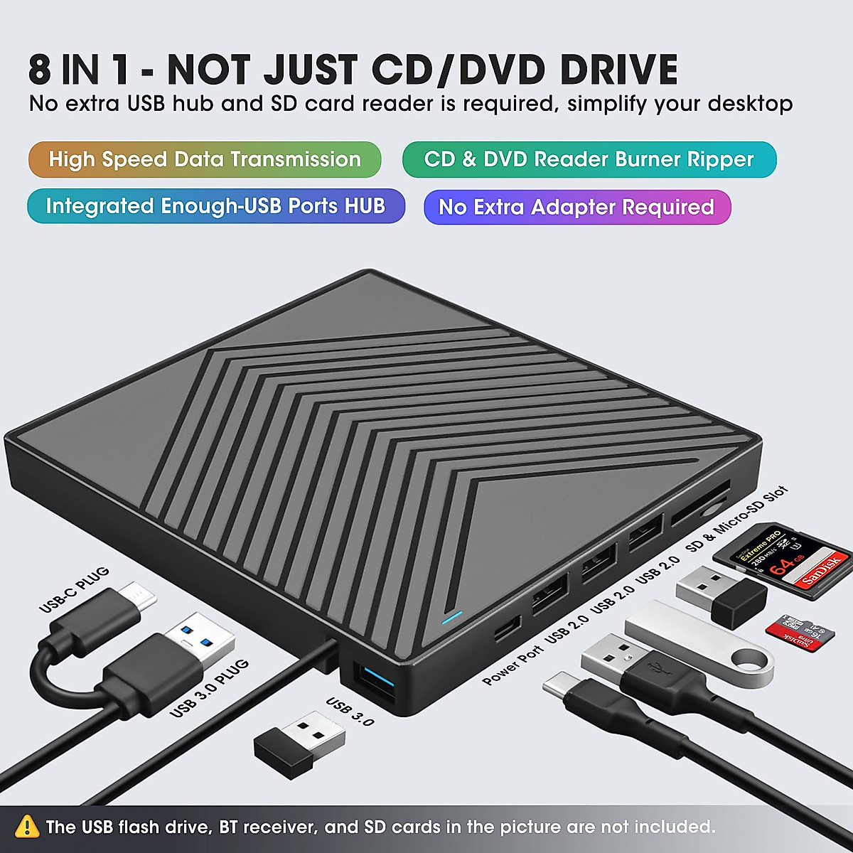 ROOFULL External CD DVD Drive, USB 3.0 & USB-C CD/DVD Burner Player with 4*USB Ports and 2*SD/TF Card Reader, Portable CD/DVD-ROM +/-RW Disk Drive Adapter for Laptop PC Mac Windows 11/10/8/7 Linux
