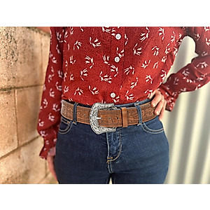 Western-Leather-Belts for Women Turquoise-Oval-Buckle Embossed Cowgirl Belt for Jeans Pants (Fit for 31-37" Waist)