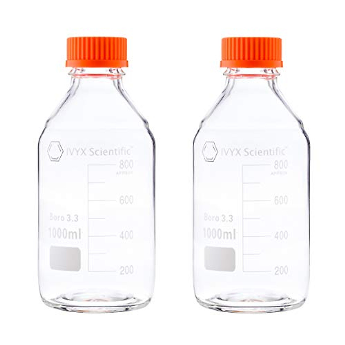 IVYX Scientific Round Media Storage Bottle, Borosilicate Glass, with GL45 Screw Cap - Pack of 2 (1L / 1000 mL)