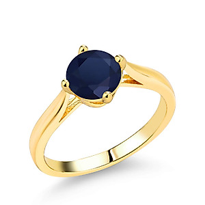 Gem Stone King Blue Sapphire Yellow Gold Plated Solitaire Ring For Women (1.00 Cttw, Round 6MM, Gemstone Birthstone, Available In Size 5, 6, 7, 8, 9)
