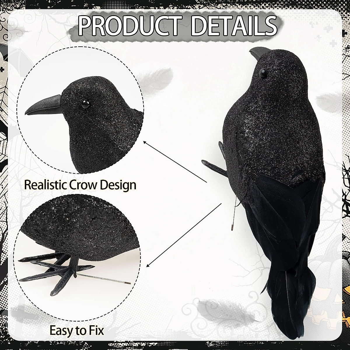 kockuu Crows Halloween Decorations - 6Pcs Halloween Crows Raven Black Birds Glitter Feathered Decor for Halloween Home Tree Garden Yard Indoor Outdoor Decorations