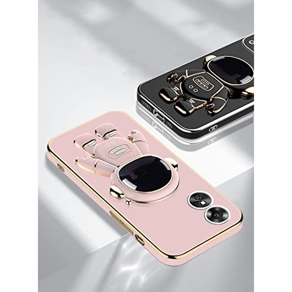 Jancyu for Oppo A17 Case Silicone with Space Astronaut Kickstand, Shockproof Phone Case Oppo A17 with Cute Loopy Cover for Women with Design (Black)