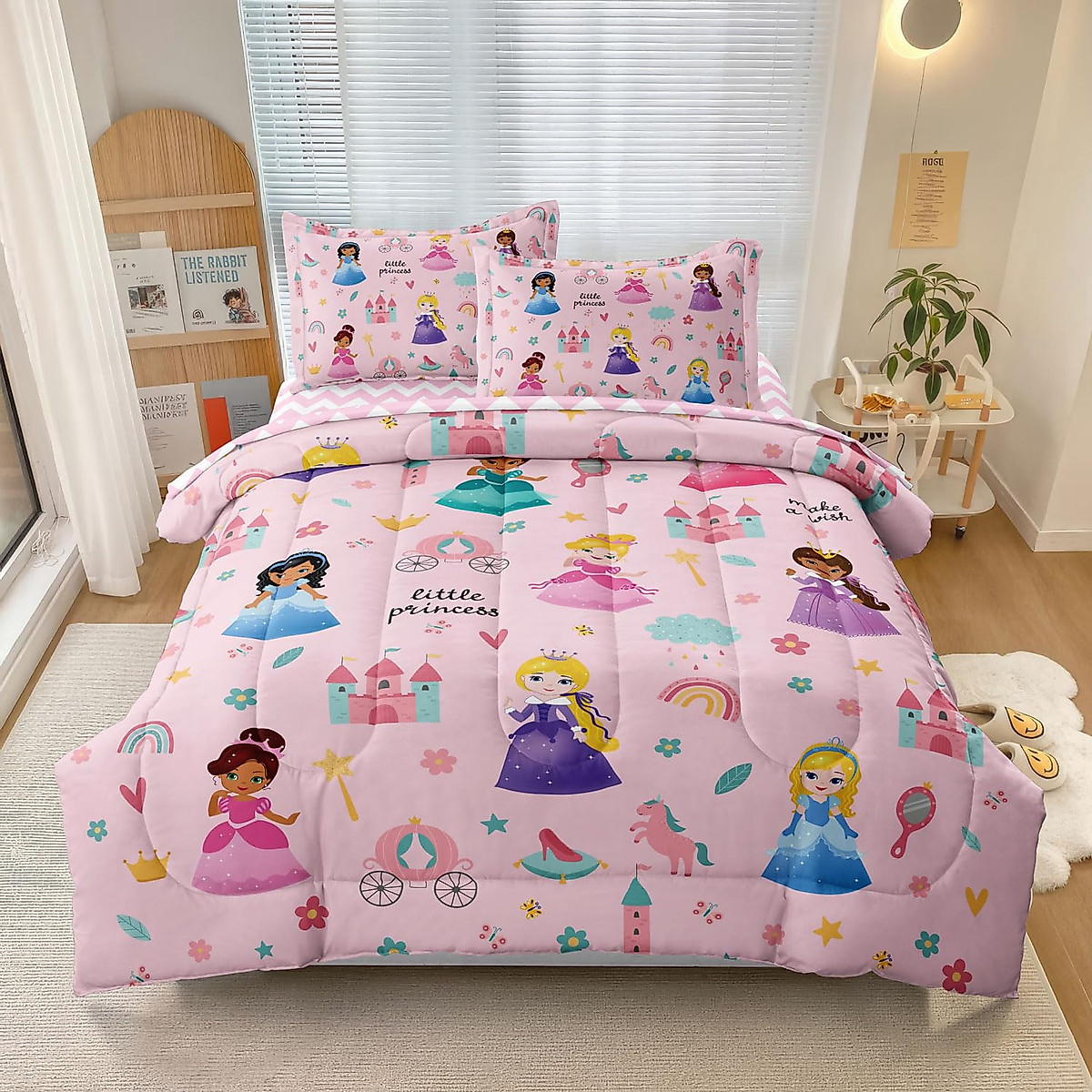 SIRDO Kids Magical Princess Comforter Set Bed in a Bag Twin Size- 5 Piece Soft Cute Castle Bedding Set for Girls (1 Comforter, 1 Flat Sheet, 1 Fitted Sheet, 2 Pillowcases), Pink