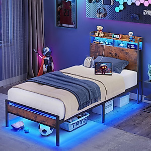 KKL Twin Bed Frames, Storage Headboard with Charging Station, RGB Light Strips, Solid and Stable, Noise Free, No Box Spring Needed, Easy Assembly, Rustic Brown