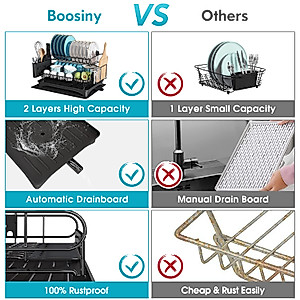 BOOSINY Dish Drying Rack for Kitchen Counter, 2 Tier Large Dish Drainer with Drainboard Set, Cutlery Holder, Cutting Board Holder and Extra Dryer Mat (Black - 304 Stainless Steel)