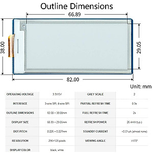 Waveshare 2.9inch E-Paper Display Module for Raspberry Pi Pico, Black White Two-Color 296×128 Pixel E-Paper Screen LCD SPI Interface Support Partial Refresh Wide Viewing Angle, Paper-Like Effect