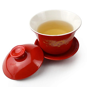 Gaiwan 2 Suits Porcelain Teacups 8oz Cups Chinese Dragon and Phoenix Cover Bowl Saucer Red tureen for Wedding Party (Dragon phoenix)