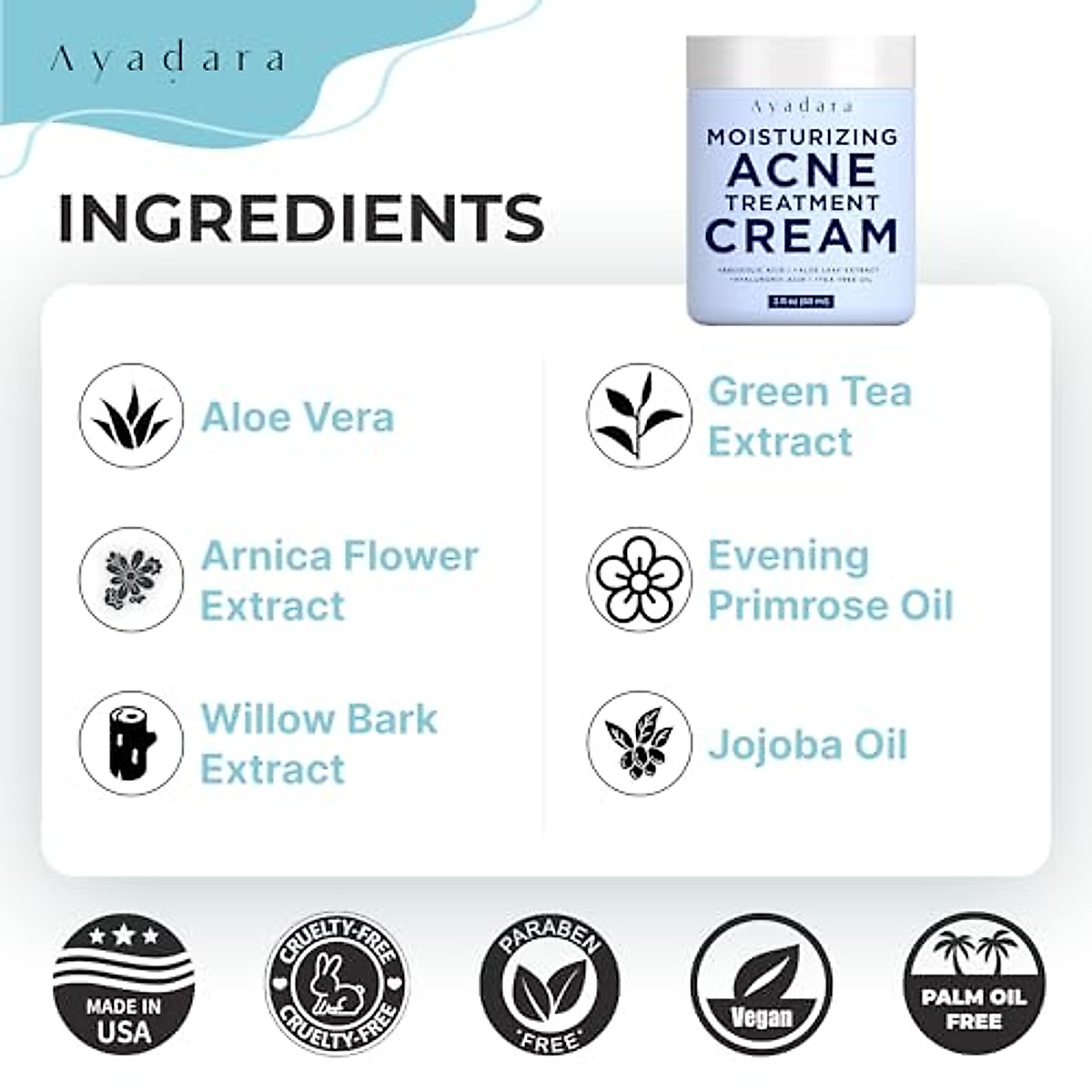 Moisturizing Acne Treatment Cream, Salicylic Acid Face Moisturizer for Oily & Acne Prone Skin, Pimple, Blackhead, Whitehead, Hormonal, & Cystic Acne Treatment for Men, Women, 90-Day Supply by Ayadara