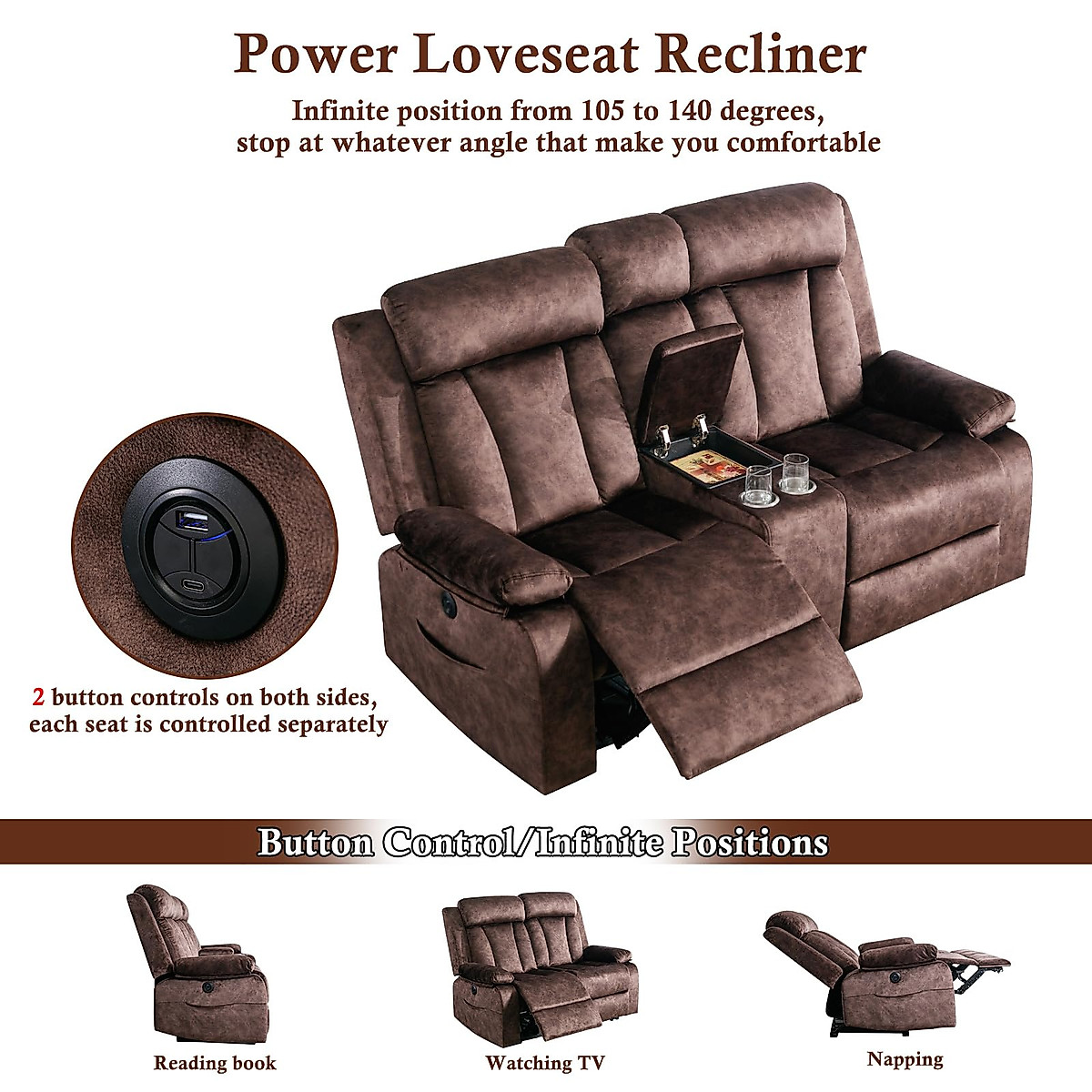 GUEAPY Fabric Reclining Loveseat, Power Reclining Loveseat with Console, Double Recliner Loveseat with Heat and Massage, Cup Holders, USB & Type-C Charge Ports for Living Room (Brown)