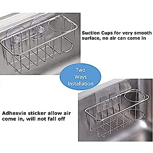 TESOT Sink Caddy Sponge Holder Brush Holder 2 in 1 with Upgraded Suction Cups or Using Adhesive Hooks, SUS304 Stainless Steel, Silver