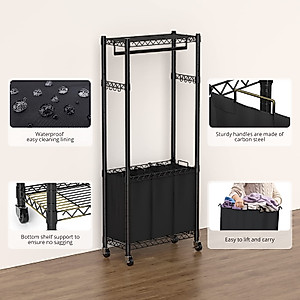 Hodonas Rolling Laundry Basket Organizer with Wheels and Hanging Bar, Laundry Hamper Cart Laundry Sorter 3 Section, Dirty Clothes Hampers for Laundry Bedroom Bathroom w/ 3 Removeable Bags, Black