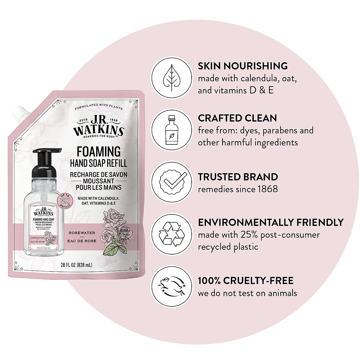 J.R. Watkins Foaming Hand Soap Refills, All Natural, Alcohol-Free Hand Wash, Cruelty-Free, Moisturizing Hand Soap Refill for Bathroom or Kitchen, Rosewater, 28 fl oz Foam Soap Refill, 3 Pack
