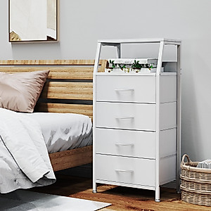 Dresser with 4 Drawers, Fabric Storage Tower for Bedroom, White Clothes Storage Drawers, Vertical Closet Organizer for Kids Room, Entryway, Nightstand Bedside Table, Sturdy Steel Frame & Wooden Top