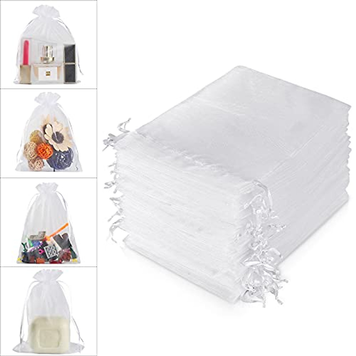 WenTao 100PCS 4x6 (10x15cm) Sheer Organza Bags, White Wedding Favor Bags With Drawstring, Premium Jewelry Pouches Party Festival Gift Bags Candy Bags