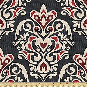 Ambesonne Damask Fabric by The Yard, Classical Curly Antique with Rococo Style Details Venetian Vintage, Decorative Fabric for Upholstery and Home Accents, Black Cream Red
