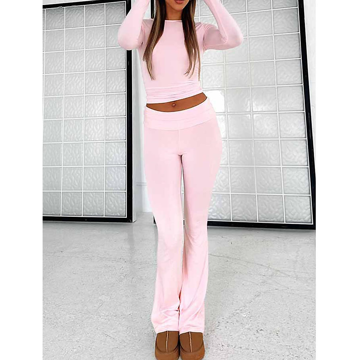 CXINS Women's Solid Color Fold Over Low Waist Pants Flare Leg Workout Leggings Bell Bottoms Bootcut Yoga Pants Pink Size M