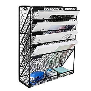 PAG Hanging Wall File Holder Mail Organizer Metal Chicken Wire Wall Mounted Literature Rack, 6 Tier, Black