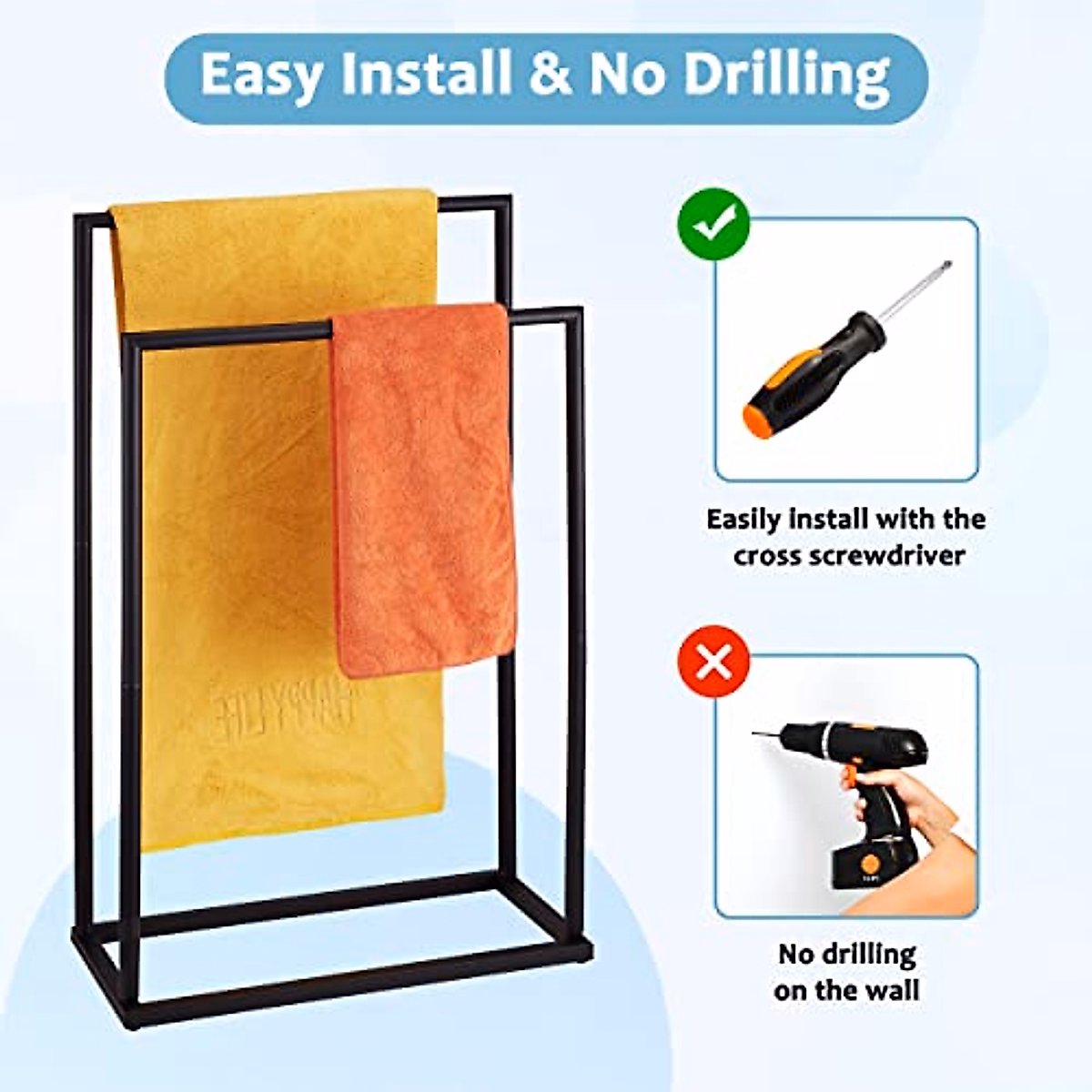 Towel Racks for Bathroom, 2 Tier Free Standing Towel Rack, Stainless Steel Towel Rack Stand for Bath Towel, Blanket Rack, Matt Black, DECLUTTR