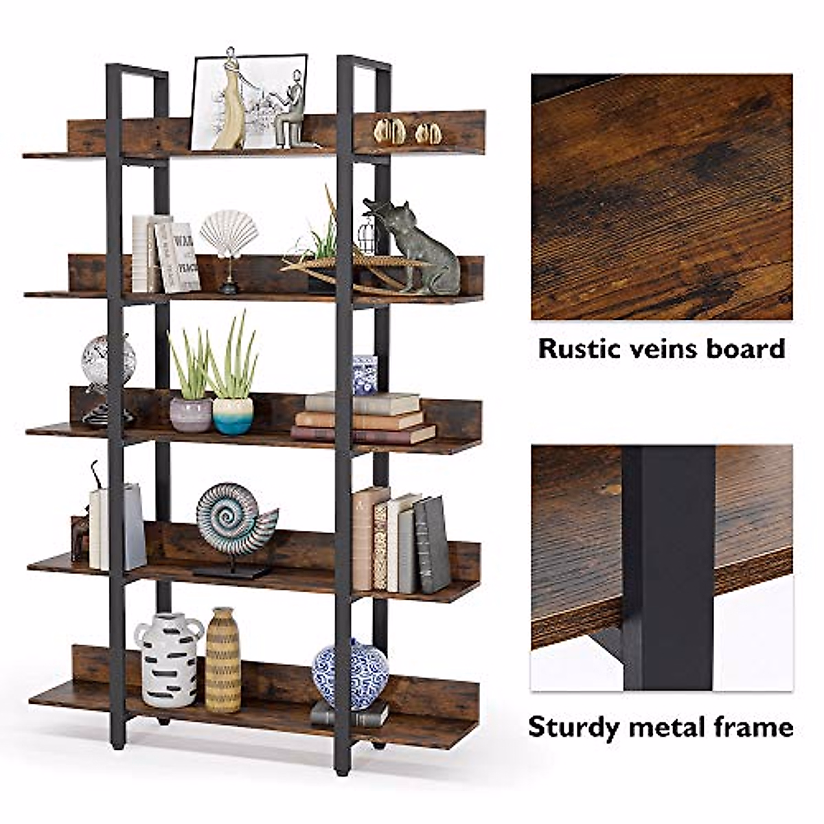 Tribesigns 5 Tiers Bookcase, 5-Shelf Industrial Style Etagere Bookcases and Book Shelves, Metal and Wood Free Vintage Bookshelf with Back Fence, Rustic Brown