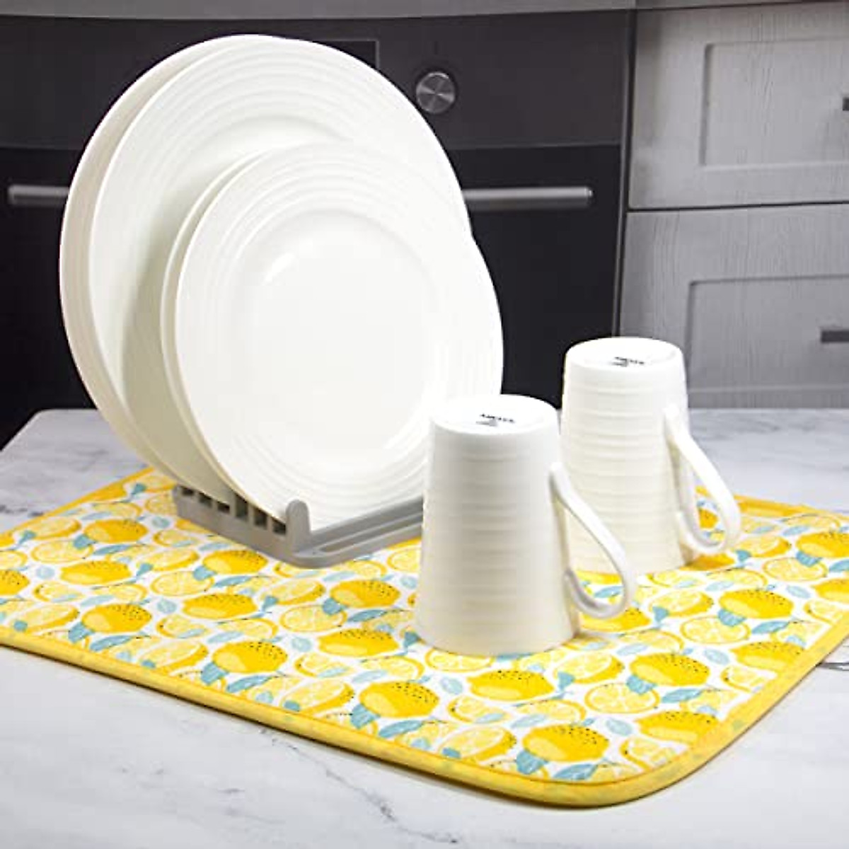 Reversible Ultra Absorbent Microfiber Dish Drying Mats 2 Pack. Air Dry Plates, Bowls, Flatware, Cups, Mugs and More on Kitchen Countertops. Machine Washable and Super Fast Drying (Lemon)