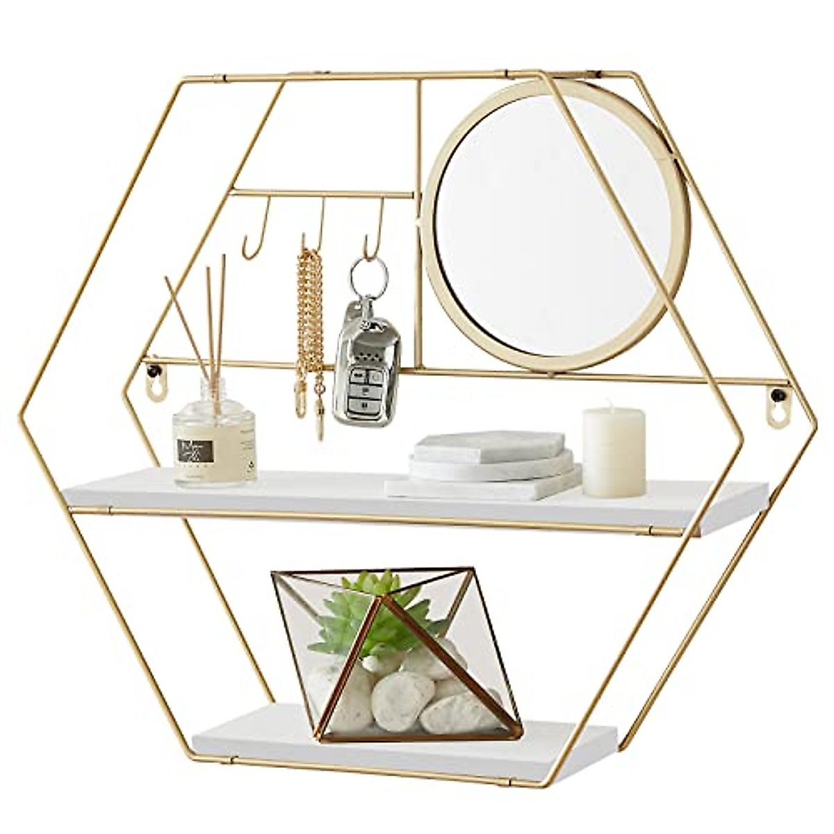 TFER Floating Shelves Wall Mounted Hexagon Wall Shelf Hanging Shelves for Wall Storage Rustic Wood Wall Shelves for Bedroom, Living Room, Bathroom, Kitchen, Office, with Mirror and Hooks (Gold)