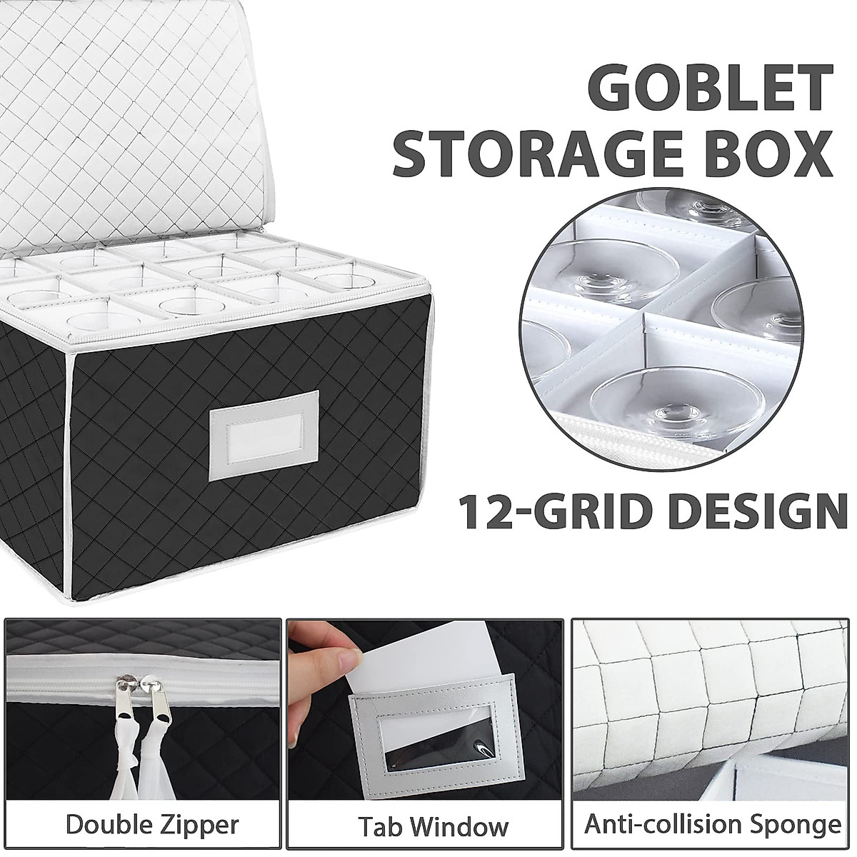 Xmasorme Wine Glass Storage Boxes with Dividers 2 pack, China Storage Containers Chest,Holds 12 Wine Glass or Crystal Glassware with Dividers and Label Window for Moving,Picnic(Black)