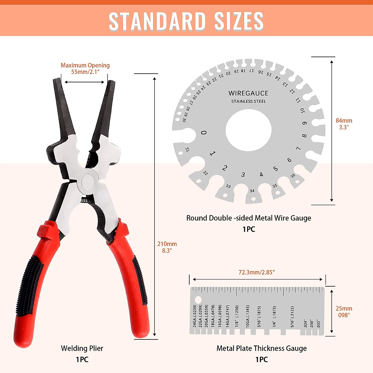 Tanstic 3Pcs 8 Inches Mig Welding Pliers with Stainless Steel Wire Gauge Welding Gauge Set, Multifunctional Welding Pliers for Wire Cutting, Metal Sheet Thickness Gauge Wire Cable Sheet Gauge
