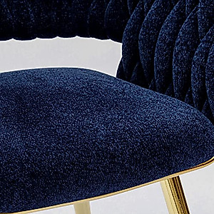Modern Dining Chairs Chenille Upholstered Dining Chairs with Arms, Knot Woven Living Room Accent Chairs with Gold Metal Legs, Mid-Century Makeup Vanity Chair for Dining Room, Kitchen Bedroom (Blue)