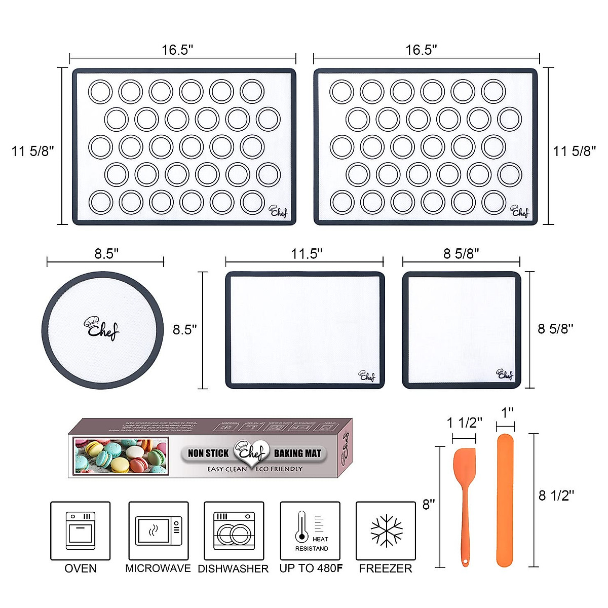 Silicone Baking Mats Set of 5 + 1 Spatula - 100% Non-Stick Reusable Food Safe Liners, Baking Sheets For Oven, Macaron