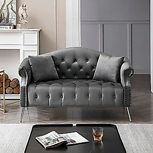 Velvet Chesterfield Sofa,Twin Size Upholstered Couch,Button Tufted Nailhead Trimming Curved Backrest Rolled Arms with Silver Metal Legs Living Room Set,2 Pillows Included (Grey, 59.4 * 29.1 * 35")