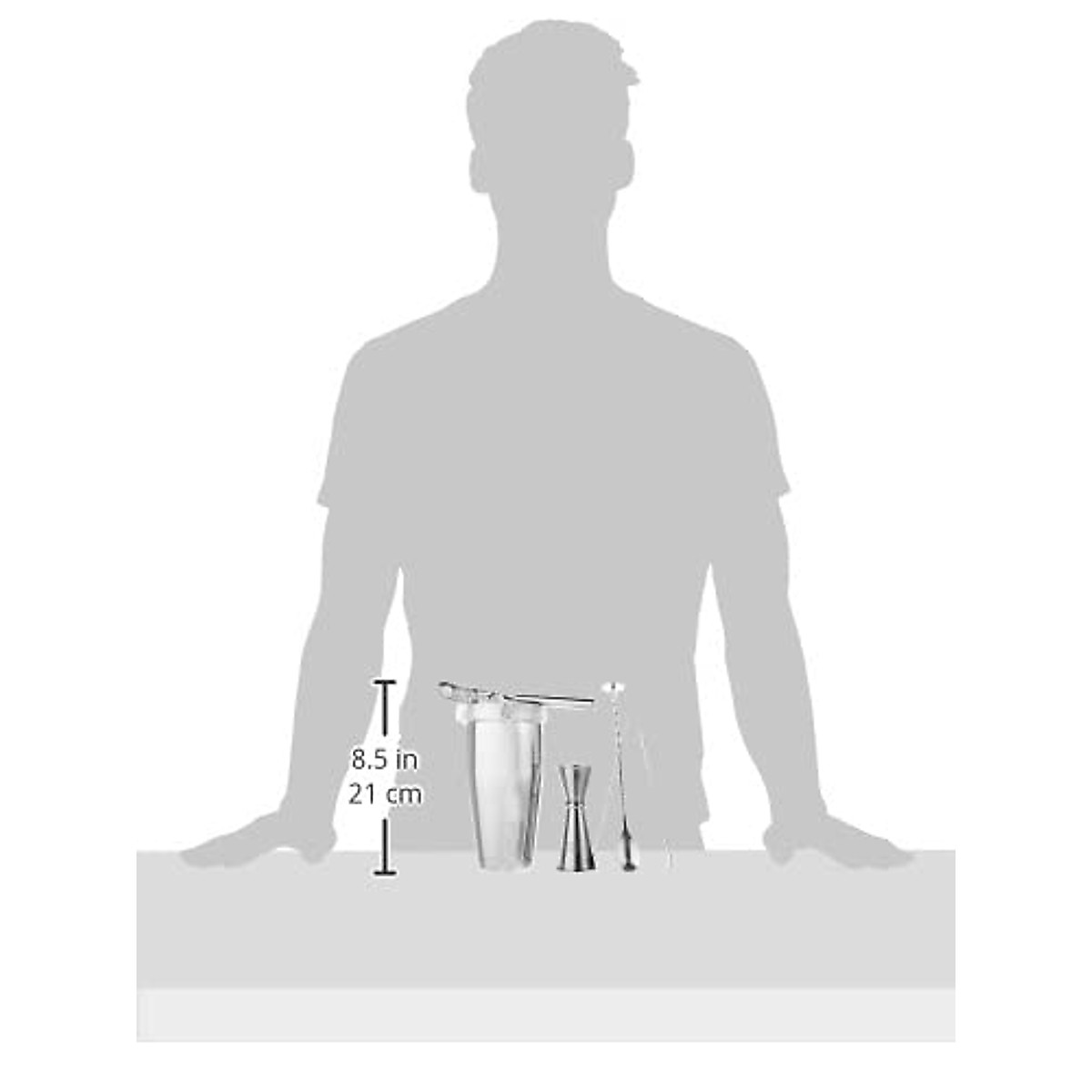 5 pc. Cocktail Shaker Bar Set by Tom Bullock's, The Original Tastemaker: 25 oz Stainless Steel Shaker, Double Measuring Jigger, Stirrer/Mixer Spoon, Strainer and Ice Tongs. Become The Ideal Bartender!