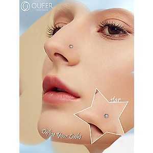 OUFER 925 Sterling Silver Nose Studs, L Shaped Nose Rings Studs, 20G Nostril Solid 3mm Star CZ Nose Piercing Jewelry, Nose Studs For Women Men (L - 3mm Star)