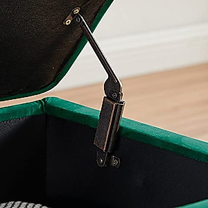 Elegant Finest Pine Green Storage Ottoman Bench Rectangular Pouf Seat Foot Stool Plush Velvet Upholstered Padded Cushion Top Hidden Large Compartment Weight-Bearing Metal Legs Space-Saving Article