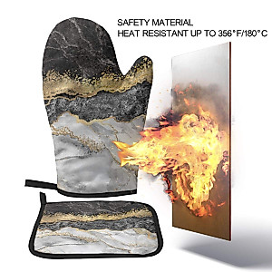 CSDGHRHX Black White Gold Foil Marble Oven Mitts and Pot Holders Kitchen Set Heat Resistant BBQ Baking Cooking Gloves