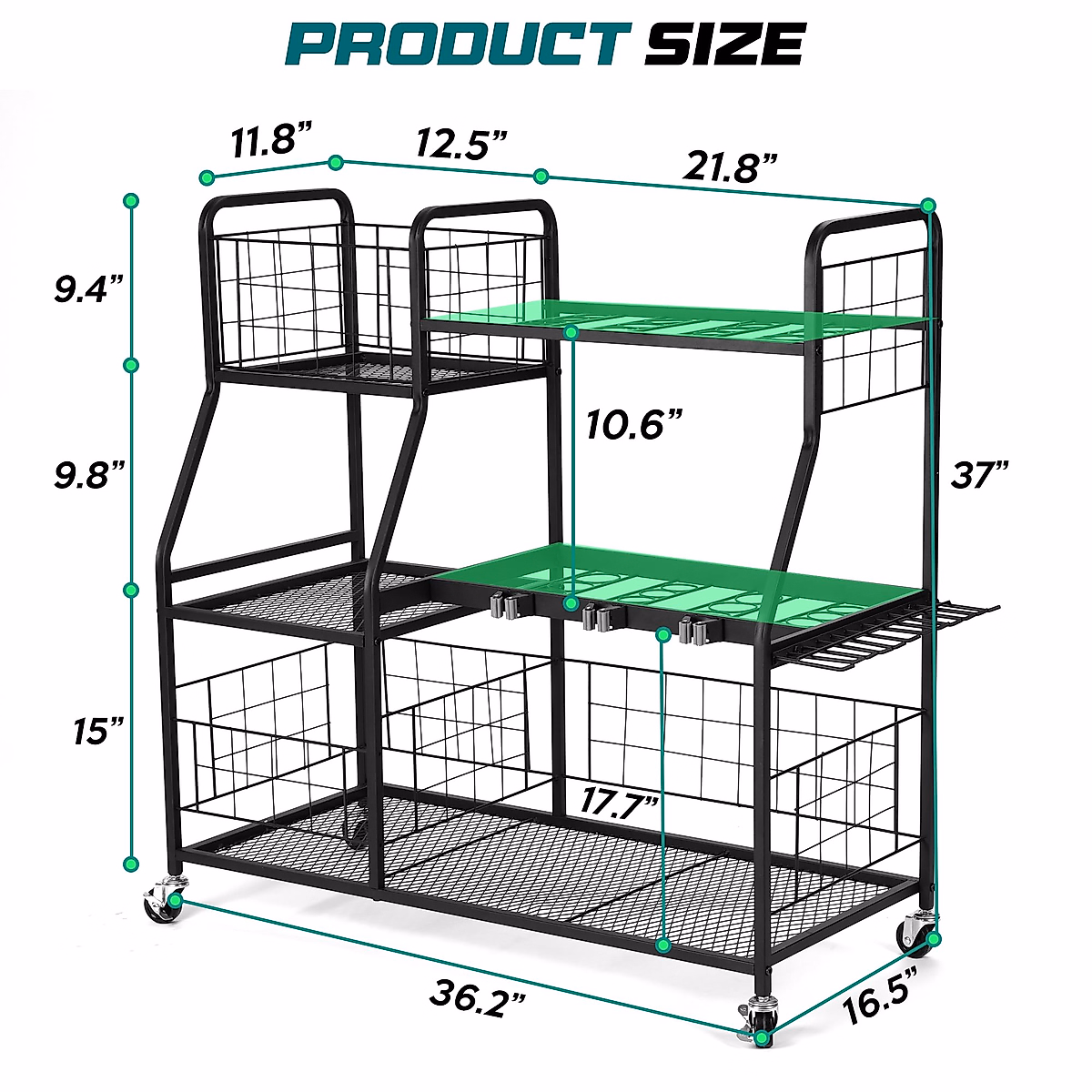 Rengue Garden Tool Organizer, 3 Tier Utility Yard Tool Organizer with Wheels, Large Garden Tool Storage Rack with Extra Storage Basket for Shed/Garage/Garden/Yard/Lawn