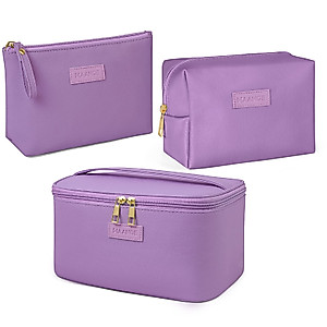 MAANGE Travel Makeup Bag - Large Makeup Bag with 2pcs Small Makeup Bag Portable Leather Cosmetic Bag Toiletry Bag Make Up Bags for Women and Girls (Purple)
