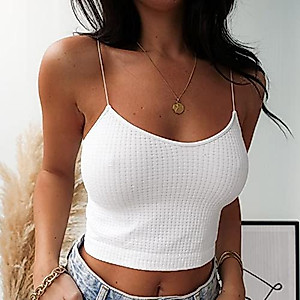 Women’s Sexy V Neck Lace Crop Tops Ribbed Knit Crochet Camisole Cami Crop Tank Tops Sleeveless Camisole Clubwear Vest White