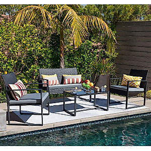 JUMMICO 4 Piece Patio Set Outdoor Rattan Chairs with Cushion & Table Metal Bistro Conversation Sets Modern Porch Furniture for Garden, Balcony, Poolside (Grey)