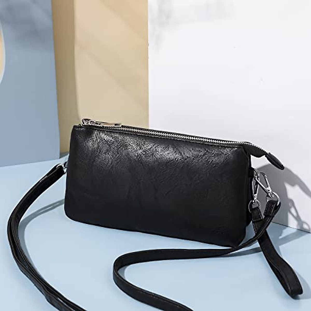Vegan Leather Wristlet Clutch bag for women,Fashion Evening small Purses crossbody bags Shoulder Handbag party-Black