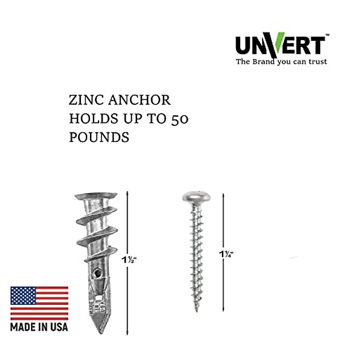 Unvert Metal Zinc E-z Anchors with Screws Kit, Heavy Duty Zinc Self Drilling Anchors with Fitting Phillip Screws #8 x 1-1/4” – Holds up to 50 LB. (10)