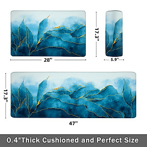 chiinvent Blue Kitchen Rugs Gold Stripes Modern Ink Art Decor Kitchen Floor Mat Cushioned Memory Foam Padded PVC Leather Heavy Duty Comfort Standing Runner Rugs, 17.3x28+17.3x47 inch